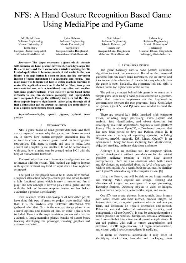 (PDF) NFS: A Hand Gesture Recognition Based Game Using MediaPipe and PyGame