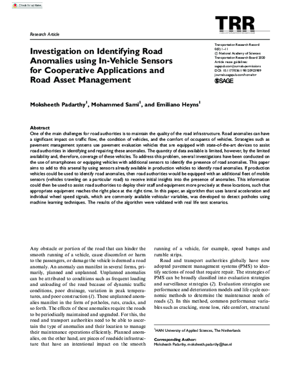 Pdf Investigation On Identifying Road Anomalies Using In Vehicle Sensors For Cooperative