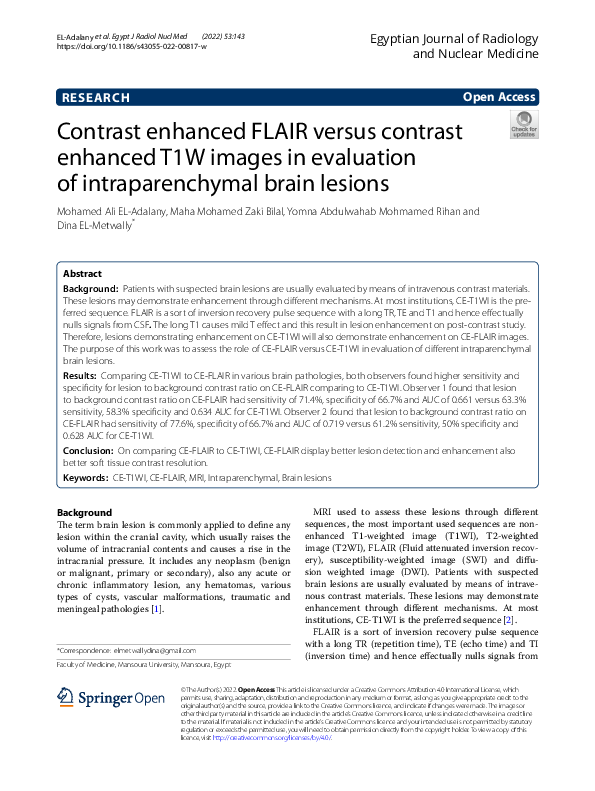 (PDF) Contrast enhanced FLAIR versus contrast enhanced T1W images in ...