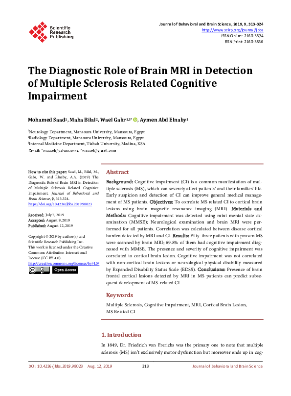 (PDF) The Diagnostic Role of Brain MRI in Detection of Multiple Sclerosis Related Cognitive ...