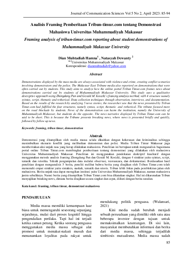 (PDF) Analisis Framing Pemberitaan TRIBUN-TIMUR.COM Tentang Demonstrasi Mahasiswa Universitas ...