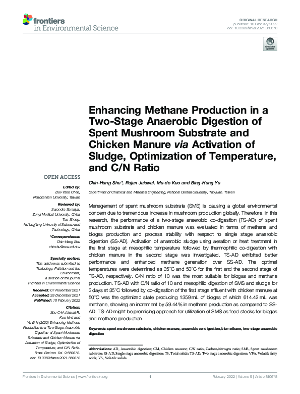 (PDF) Enhancing Methane Production in a Two-Stage Anaerobic Digestion of Spent Mushroom ...