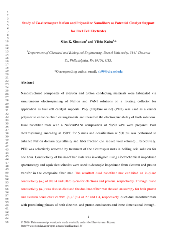(PDF) Study of Co-electrospun Nafion and Polyaniline Nanofibers as ...