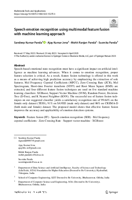 (PDF) Speech emotion recognition using multimodal feature fusion with machine learning approach