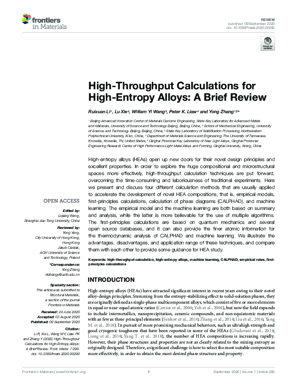 Pdf High Throughput Calculations For High Entropy Alloys A Brief Review