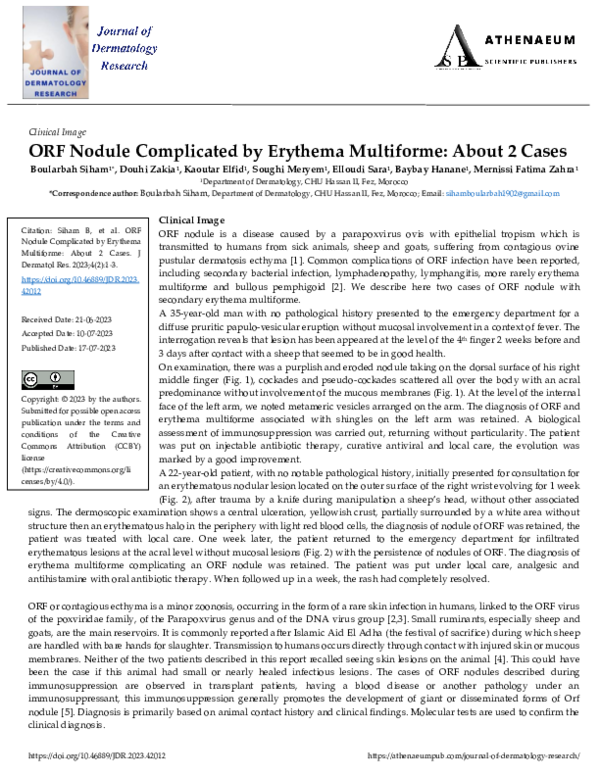 (PDF) ORF Nodule Complicated by Erythema Multiforme: About 2 Cases
