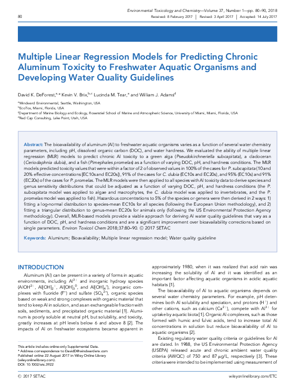 (PDF) Multiple linear regression models for predicting chronic aluminum toxicity to freshwater ...