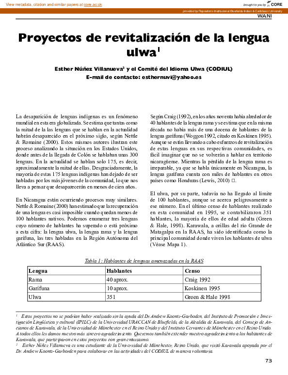 (PDF) Proyectos de revitalización de la lengua ulwa