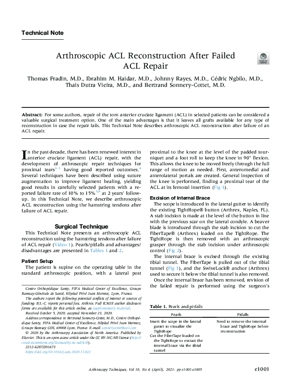(PDF) Arthroscopic ACL Reconstruction After Failed ACL Repair