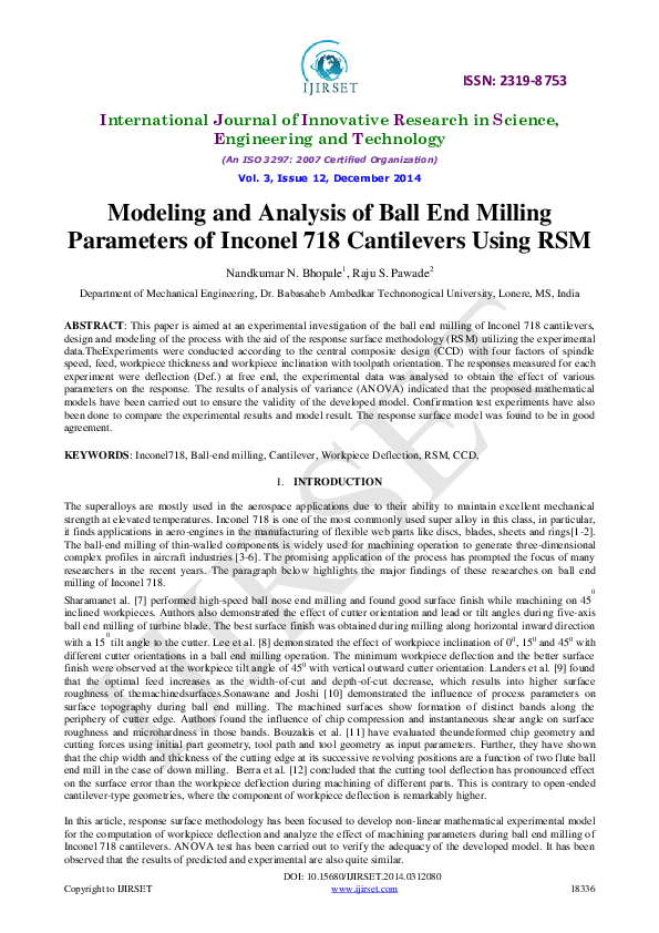 (PDF) Modeling and Analysis of Ball End MillingParameters of Inconel 718 Cantilevers Using RSM