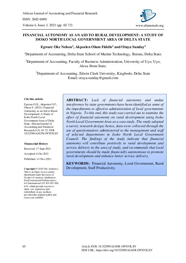(PDF) Financial Autonomy as an Aid to Rural Development: A Study of ...