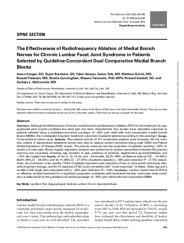 (PDF) The Effectiveness of Radiofrequency Ablation of Medial Branch ...