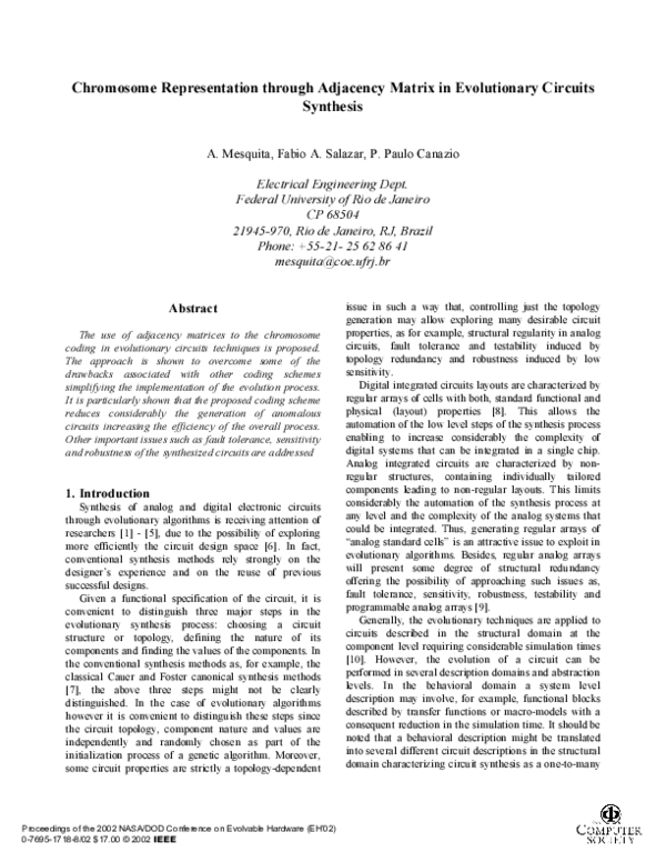 Pdf Chromosome Representation Through Adjacency Matrix In Evolutionary Circuits Synthesis
