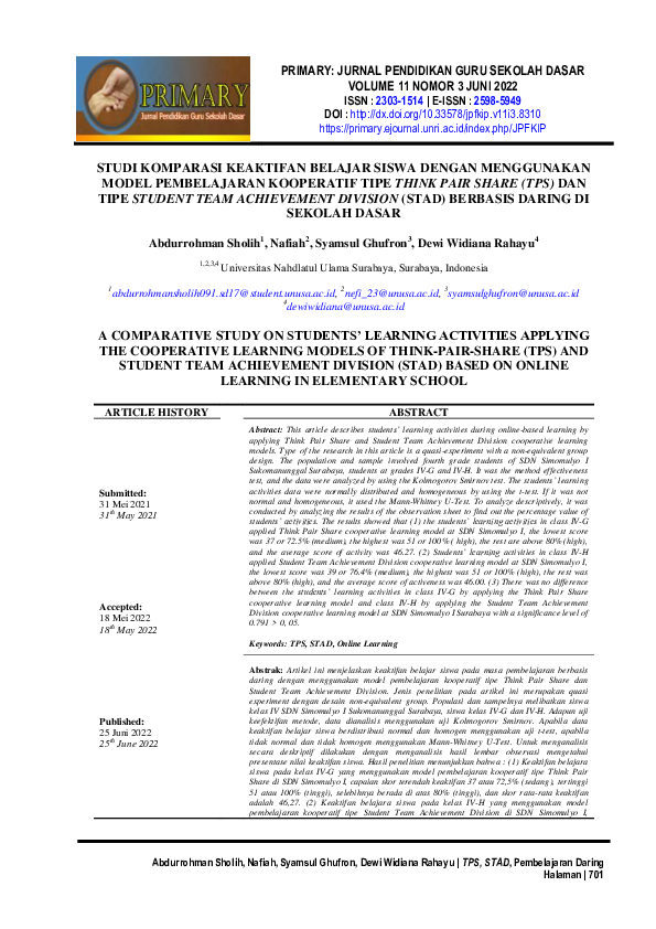 (PDF) Studi Komparasi Keaktifan Belajar Siswa Dengan Menggunakan Model Pembelajaran Kooperatif ...