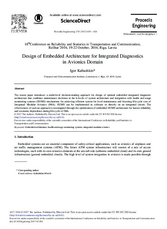 (PDF) Design of Embedded Architecture for Integrated Diagnostics in Avionics Domain