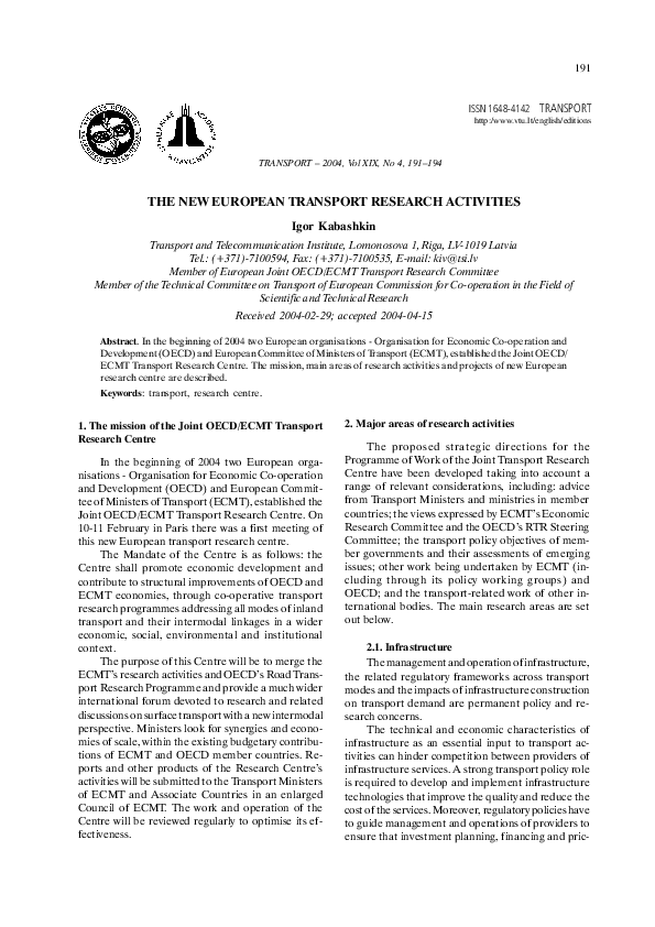 (PDF) The New European Transport Research Activities