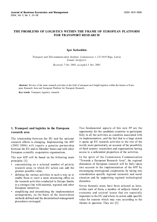(PDF) The Problems of Logistics Within the Frame of European Platform ...