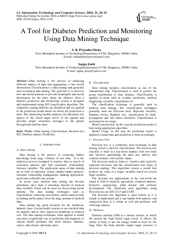 Pdf A Tool For Diabetes Prediction And Monitoring Using Data Mining Technique Sujata Joshi 