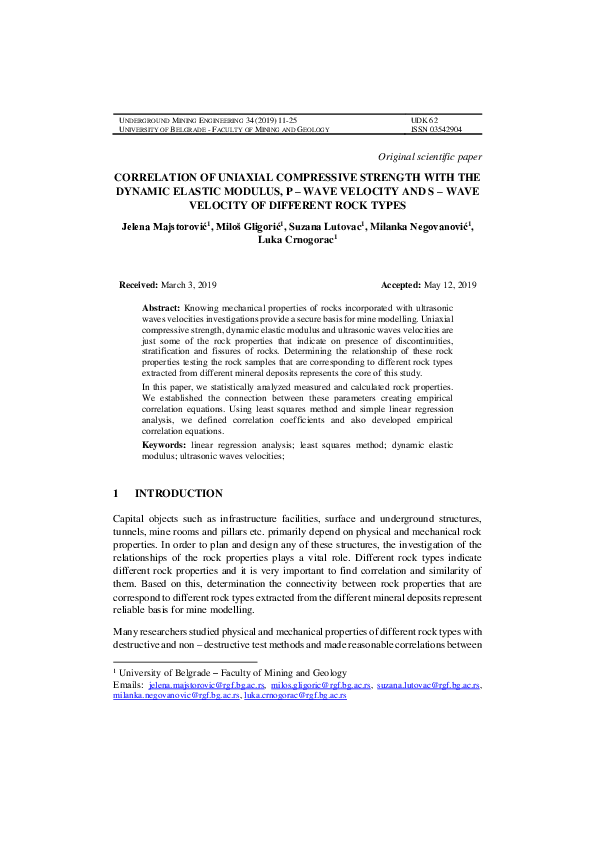 (PDF) Correlation of uniaxial compressive strength with the dynamic elastic modulus, P - wave ...