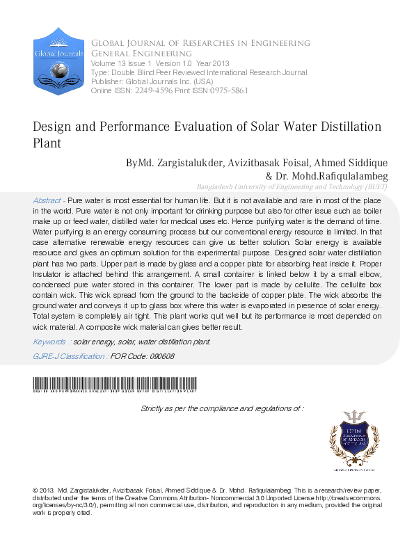 (PDF) Design and Performance Evaluation of Solar Water Distillation Plant