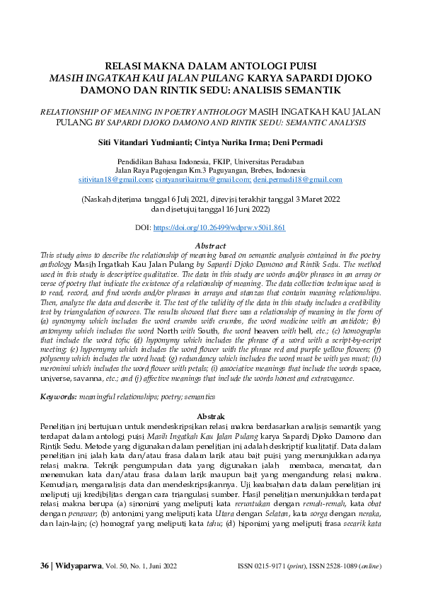 (PDF) Relasi Makna Dalam Antologi Puisi Masih Ingatkah Kau Jalan Pulang Karya Sapardi Djoko ...