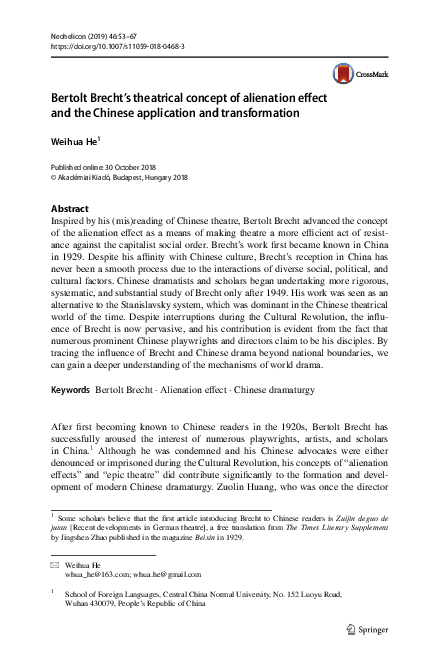 (PDF) Bertolt Brecht's theatrical concept of alienation effect and the ...