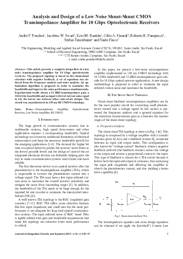 (PDF) Analysis and Design of a Low Noise Shunt-Shunt CMOS Transimpedance Amplifier for 10 Gbps ...