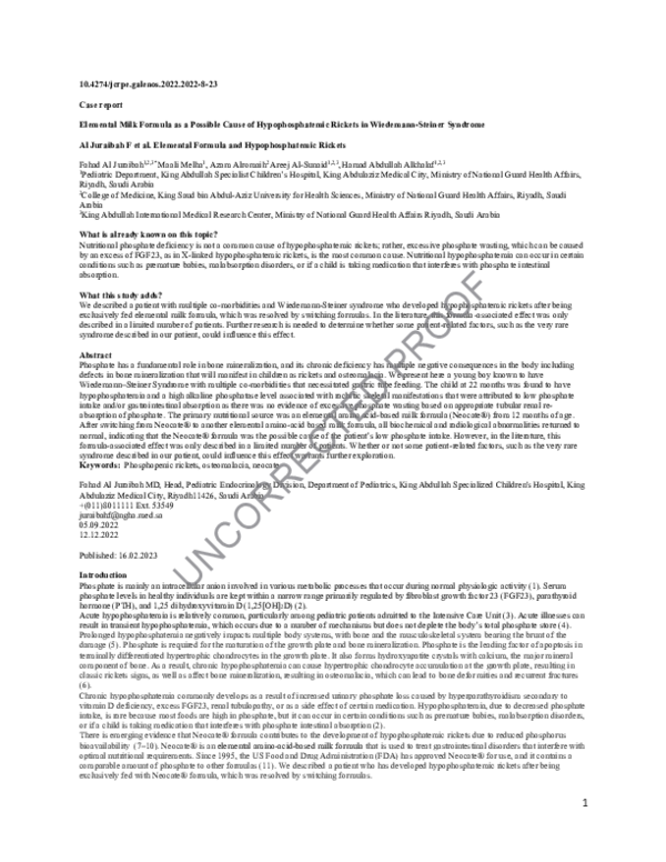 (PDF) Elemental Milk Formula as a Possible Cause of Hypophosphatemic ...