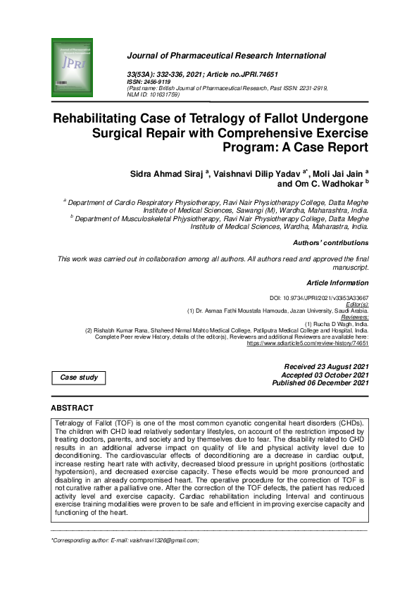 (PDF) Rehabilitating Case of Tetralogy of Fallot Undergone Surgical Repair with Comprehensive ...