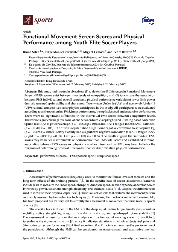 (PDF) Functional Movement Screen Scores and Physical Performance among ...