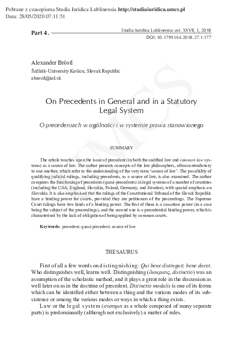 (PDF) On Precedents in General and in a Statutory Legal System