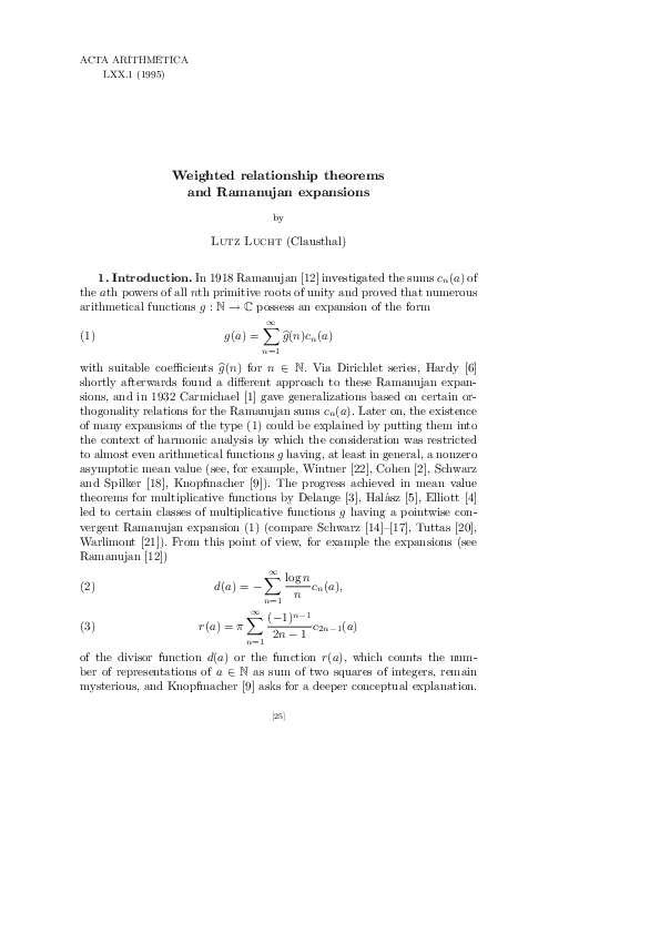 Pdf Weighted Relationship Theorems And Ramanujan Expansions Lutz Lucht