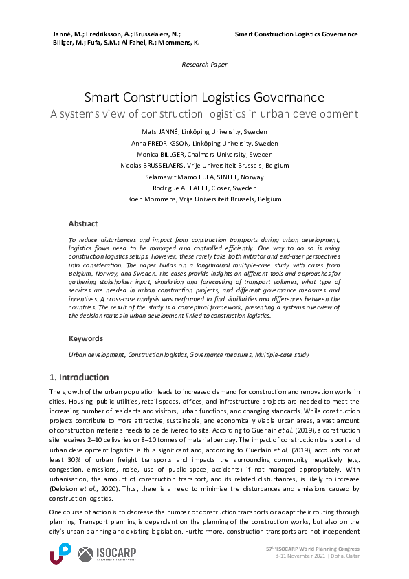(PDF) Smart Construction Logistics Governance A systems view of construction logistics in urban ...