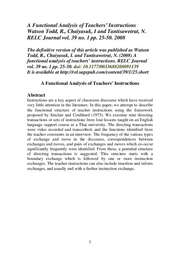 (PDF) A Functional Analysis of Teachers' Instructions
