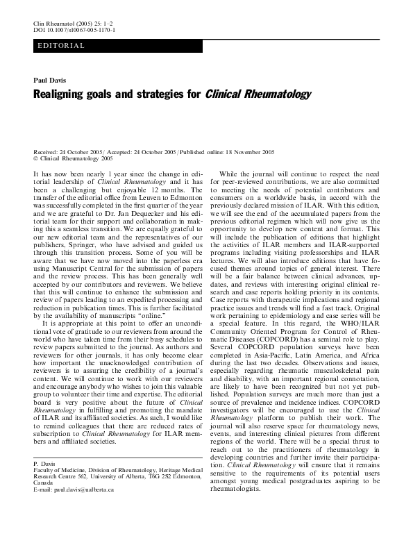 (PDF) Realigning goals and strategies for Clinical Rheumatology | Paul ...