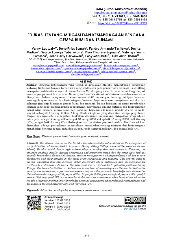 (PDF) Edukasi Tentang Mitigasi Dan Kesiapsiagaan Bencana Gempa Bumi Dan Tsunami