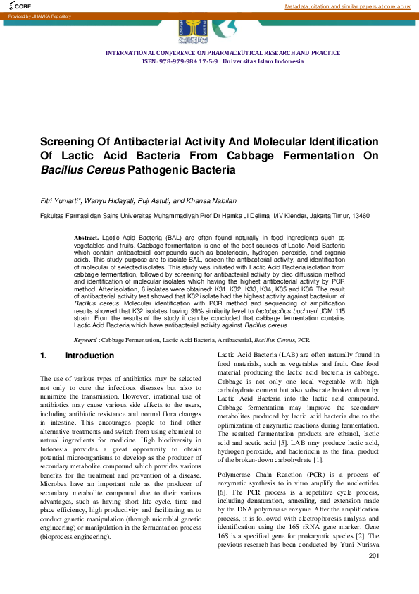 (PDF) Screening Of Antibacterial Activity And Molecular Identification Of Lactic Acid Bacteria ...