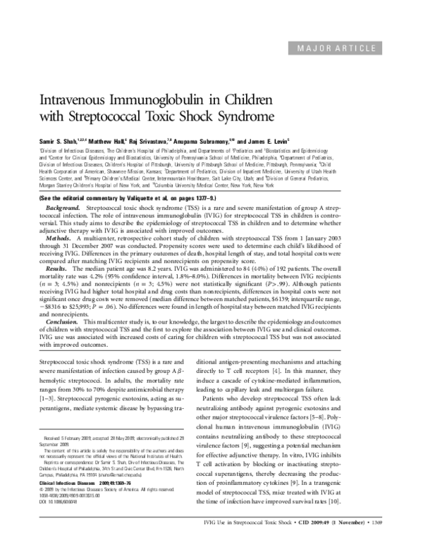 (PDF) Intravenous Immunoglobulin in Children with Streptococcal Toxic Shock Syndrome