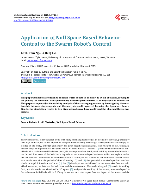 Pdf Application Of Null Space Based Behavior Control To The Swarm Robot S Control