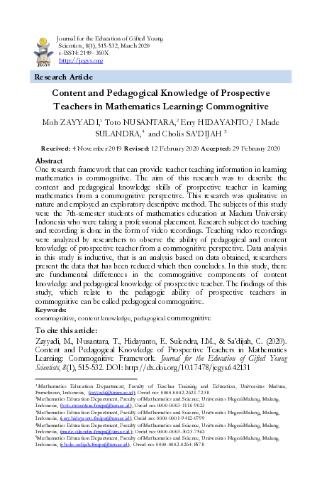 (PDF) Content and Pedagogical Knowledge of Prospective Teachers in Mathematics Learning ...