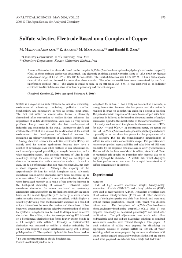 (PDF) Sulfate-selective Electrode Based on a Complex of Copper