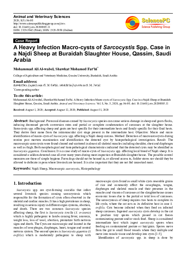 (PDF) A Heavy Infection Macro-cysts of Sarcocystis Spp. Case in a Najdi ...