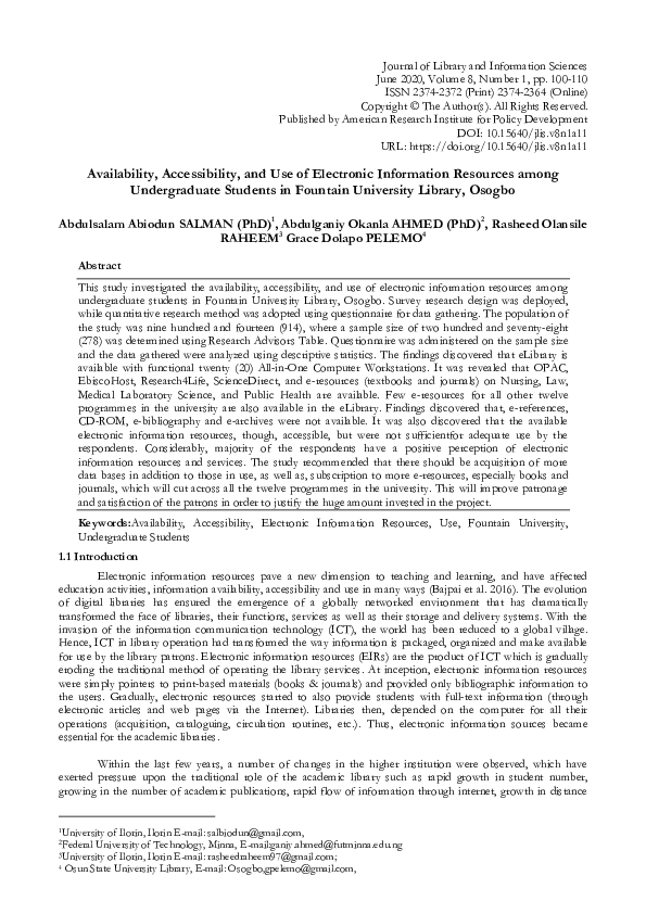 (PDF) Availability, Accessibility, and Use of Electronic Information Resources among ...