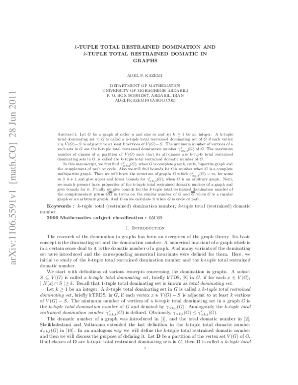 (PDF) K-Tuple Total Restrained Domination and K-Tuple Total Restrained Domatic in Graphs