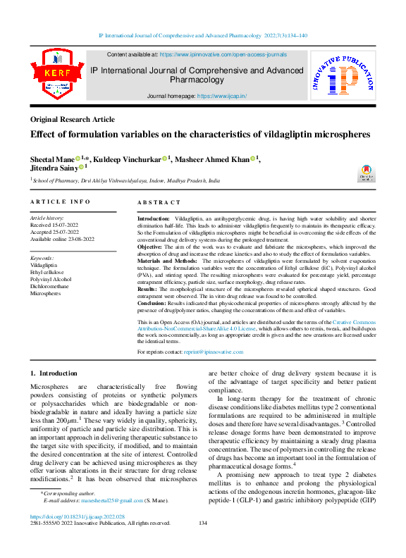 Pdf Effect Of Formulation Variables On The Characteristics Of Vildagliptin Microspheres
