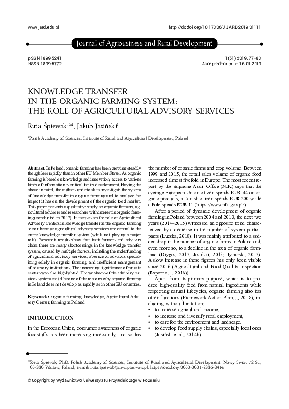 (PDF) Knowledge Transfer in the Organic Farming System: The Role of Agricultural Advisory Service