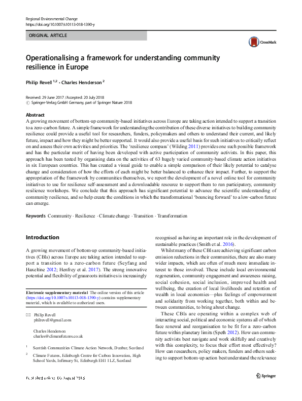 (PDF) Operationalising a framework for understanding community resilience in Europe