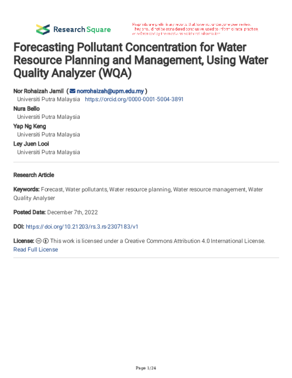 (PDF) Forecasting Pollutant Concentration for Water Resource Planning ...