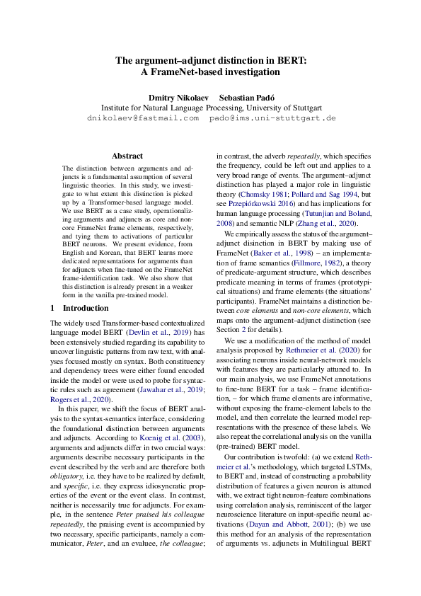 (PDF) The argument-adjunct distinction in BERT: A FrameNet-based ...