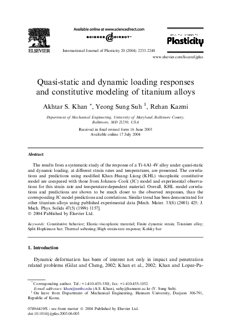(PDF) Quasi-static and dynamic loading responses and constitutive modeling of titanium alloys